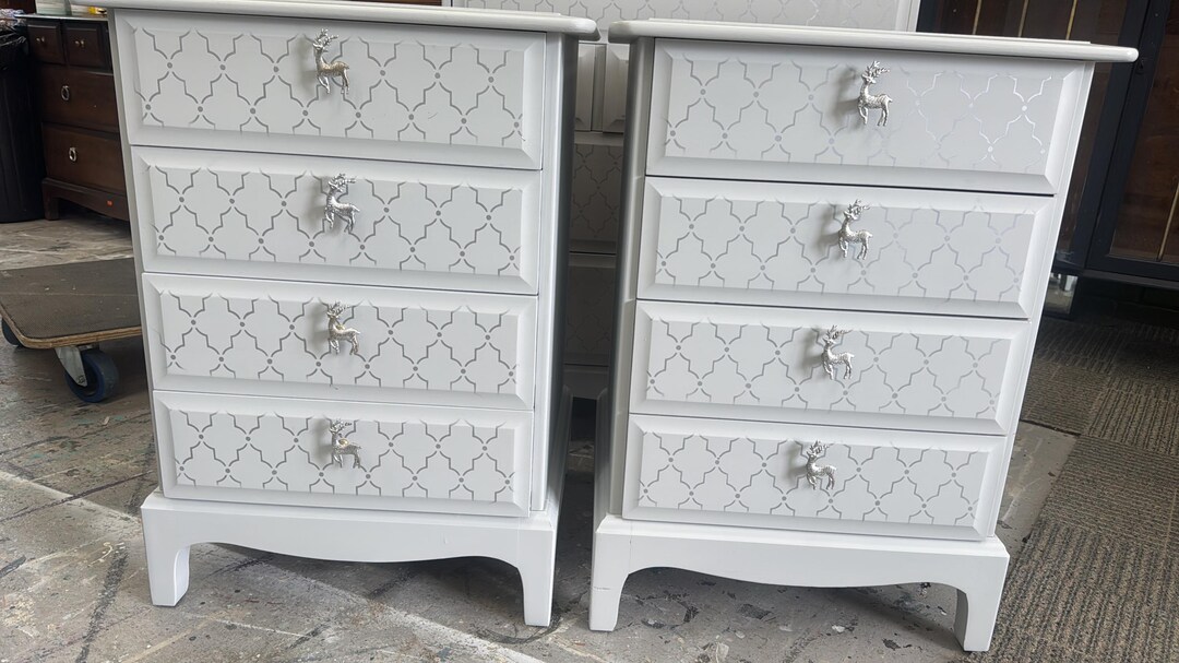 Stag Minstrel Vintage Pair of Bedside Tables White Moroccan Silver Stag ...