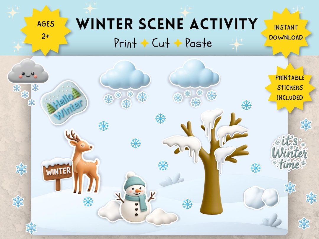 Winter Scene Activity for Kids | Preschool Cut and Paste, Fine Motor ...