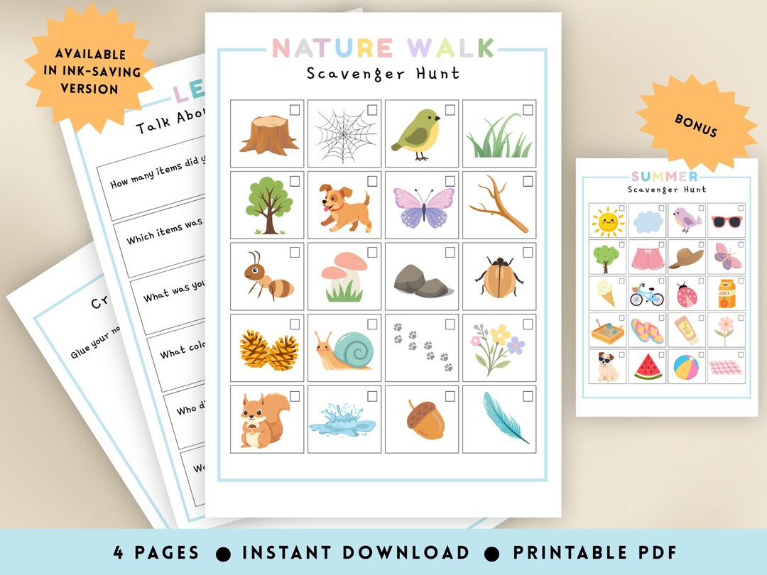 Kids Summer Nature Scavenger Hunt, Preschool Learning Worksheet ...