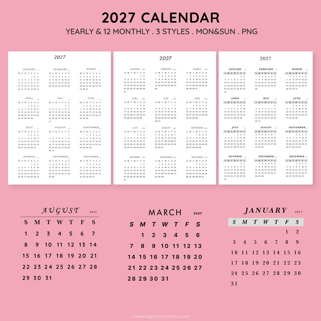 2027 Calendar Printable, Minimalist Design, Monthly Overview,digital ...