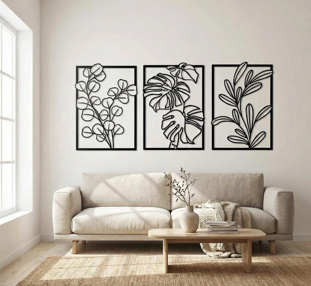 3 Piece Minimalist Metal Botanical Wall Art Set, Modern Line Leaf ...