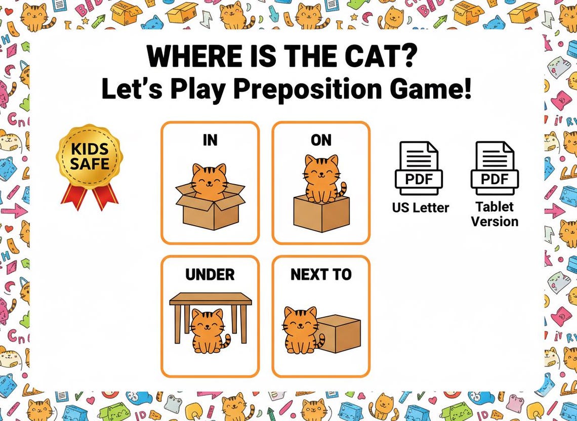 Printable Preposition Flashcards, Positional Words, Where is the Cat ...
