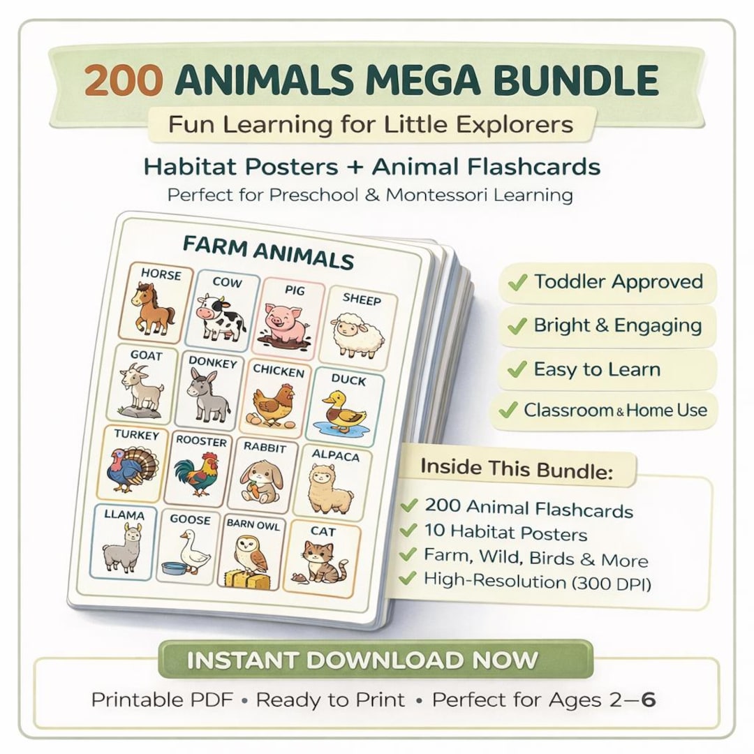200 Animals Mega Bundle, 10 Habitat Posters + A-Z Alphabet + Shadow ...