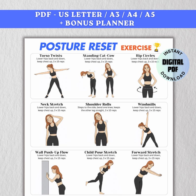 Posture Reset Exercise Poster Printable, Back Pain Relief, Fitness Wall ...