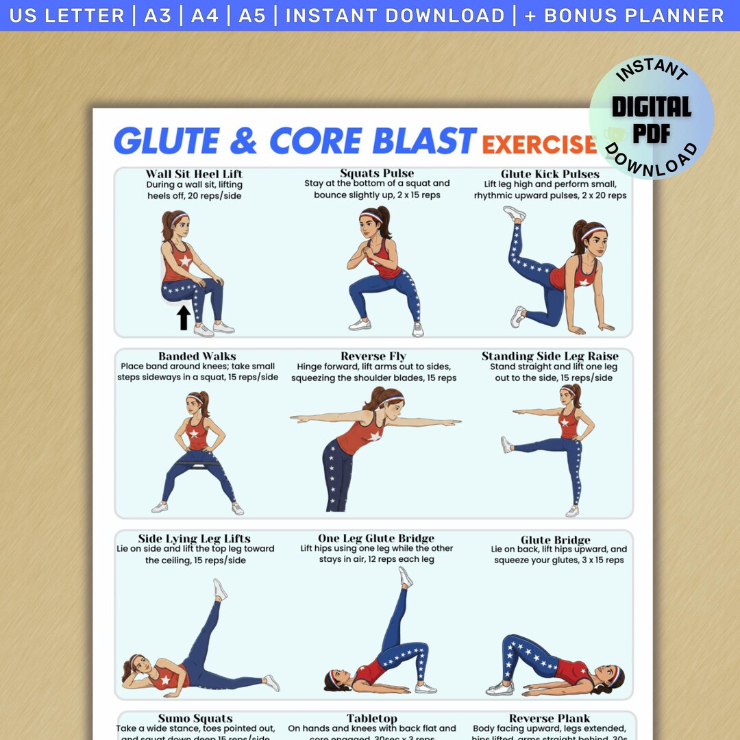 Glutes & Core Workout Poster, Home Fitness Chart, Stamina Cardio Abs ...