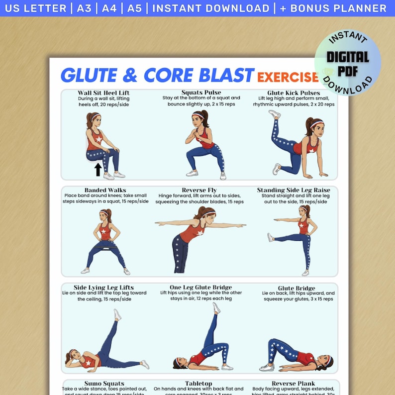 Glutes & Core Workout Poster, Home Fitness Chart, Stamina Cardio Abs ...