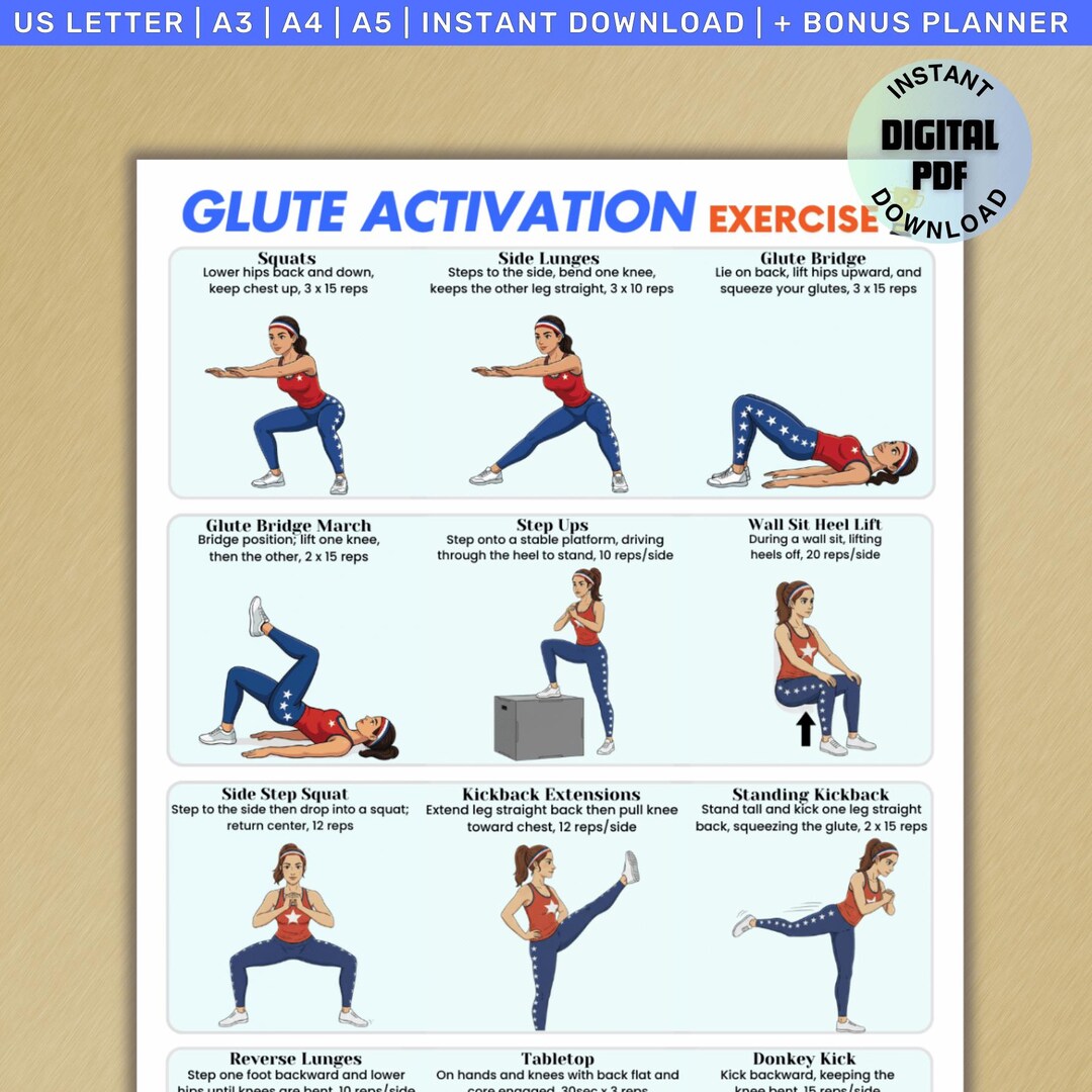 Glute Exercises Chart, Home Fitness Poster, Lower Body Guide, Leg ...