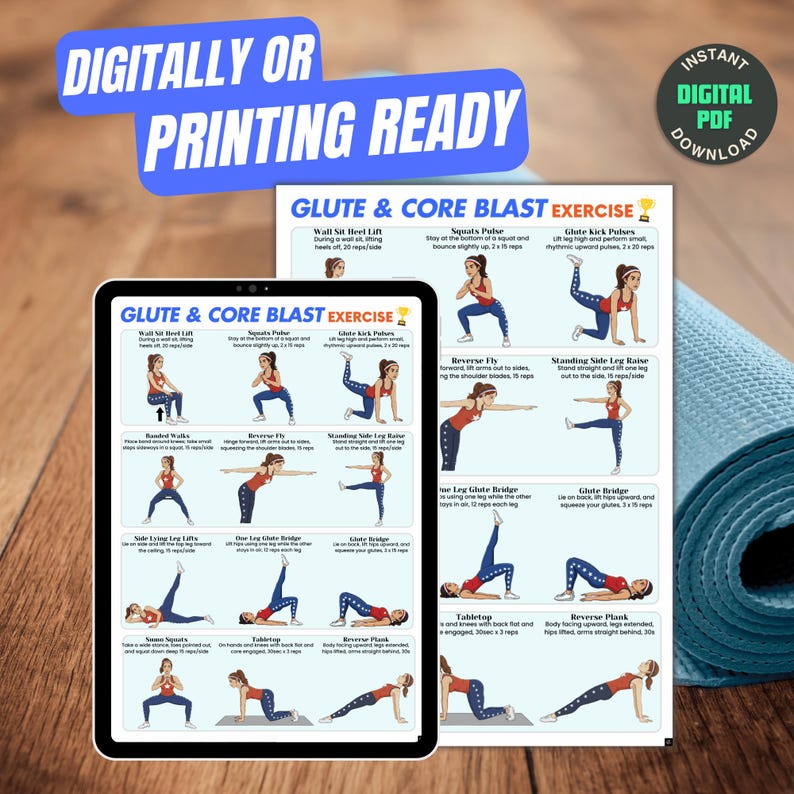 Glutes & Core Workout Poster, Home Fitness Chart, Stamina Cardio Abs ...
