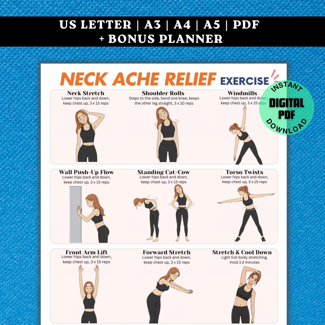 Neck Ache Relief Exercise Poster, Upper Back & Shoulder Stretches ...