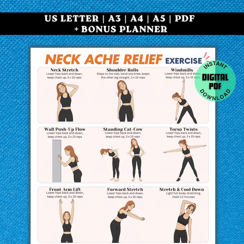 Neck Ache Relief Exercise Poster, Upper Back & Shoulder Stretches ...