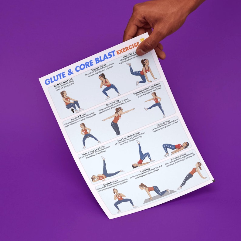 Glutes & Core Workout Poster, Home Fitness Chart, Stamina Cardio Abs ...
