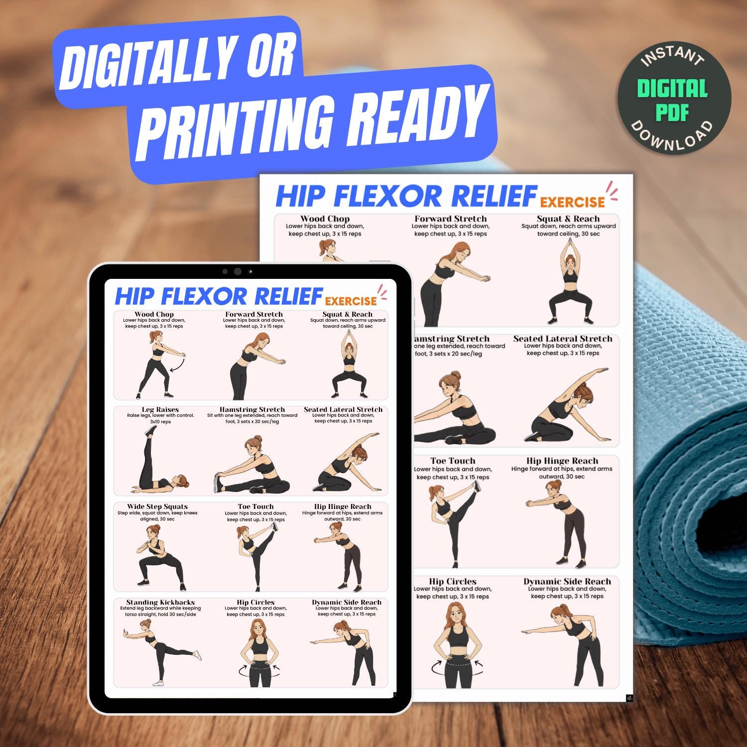 Hip Relief Exercise Chart: PDF Digital Download, Strengthening Mobility ...