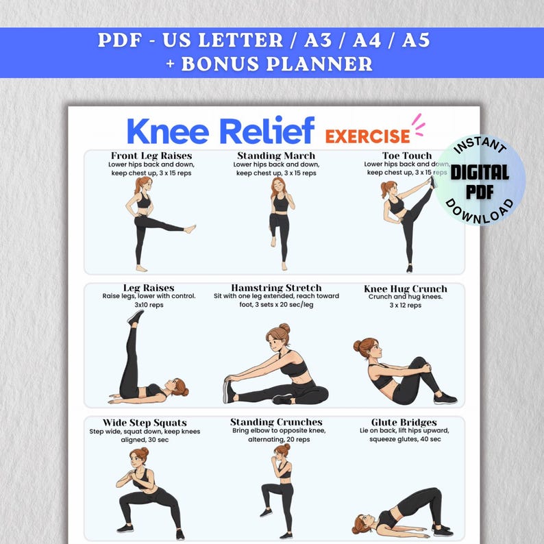 Knee Friendly Exercise Chart: PDF Digital Download, Knee Pain Relief ...