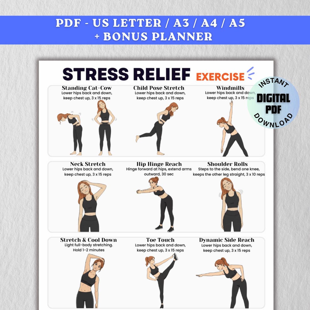 Stress Relief Exercise Chart Printable, Home Fitness Poster, Fitness ...