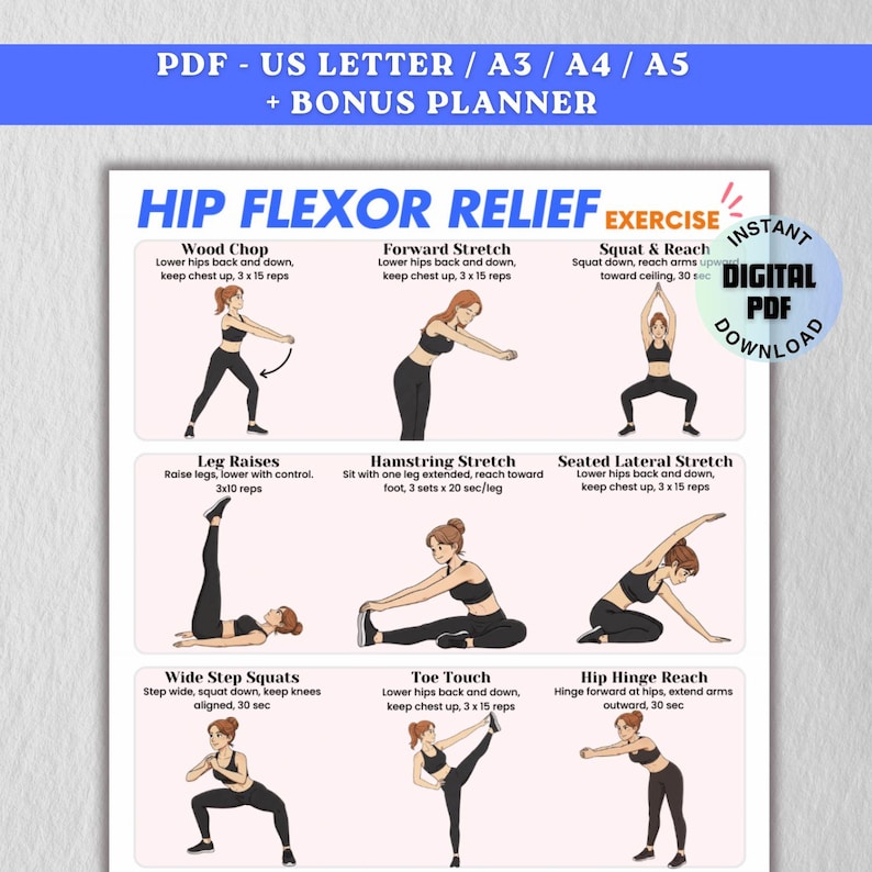 Hip Relief Exercise Chart: PDF Digital Download, Strengthening Mobility ...