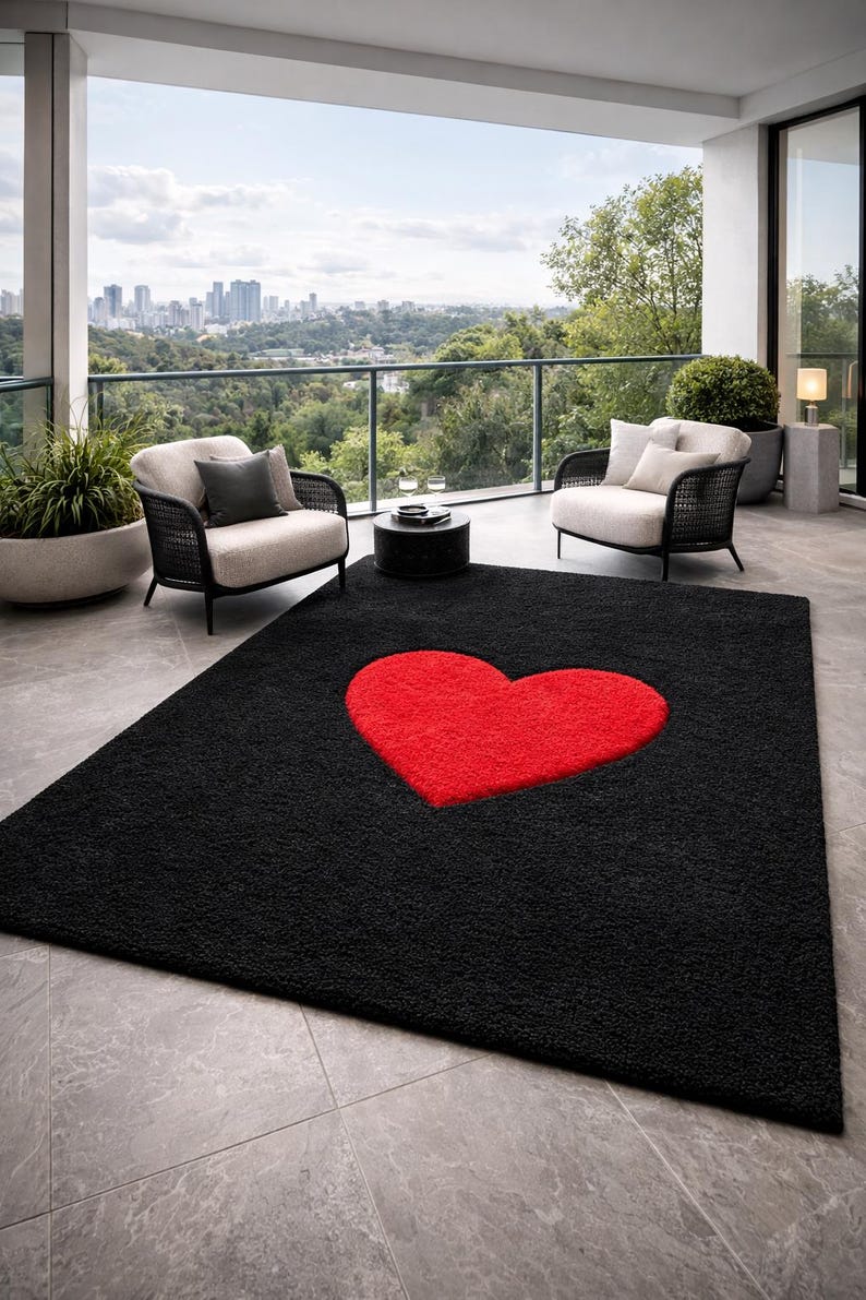 Hand-tufted New Zealand Wool Rug: Black & Red Heart Design - Etsy