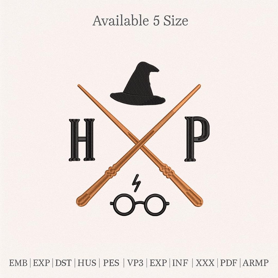 Wizard Wand Embroidery Design, HP Magic Symbol With Hat Glasses ...