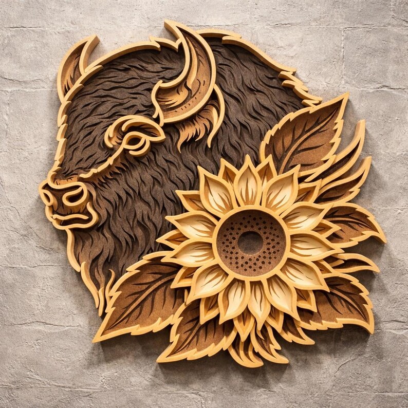 Bison Head SVG Cut File With Leaves – Nature Animal Design, Bison Head ...