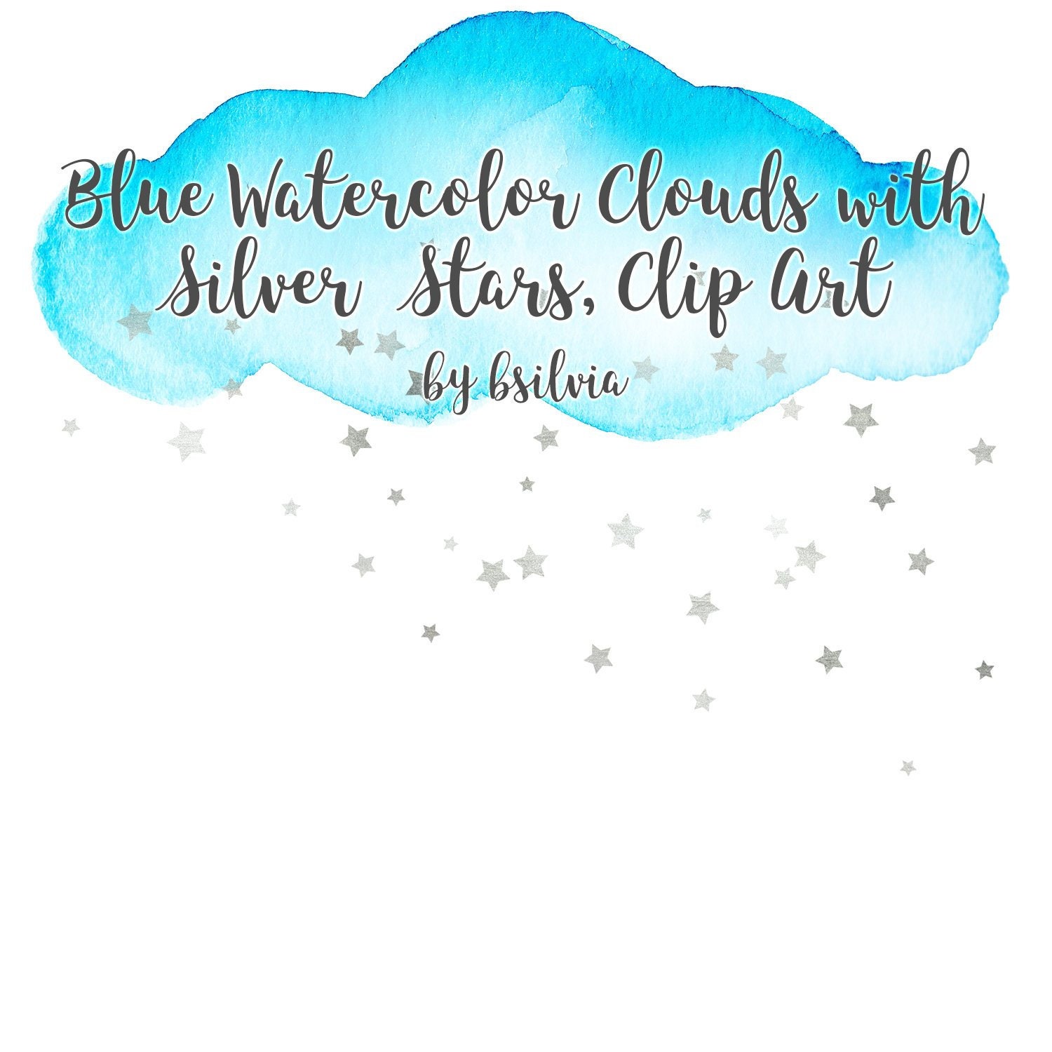 Watercolor Blue Clouds with Silver Stars Clip Art Watercolor | Etsy