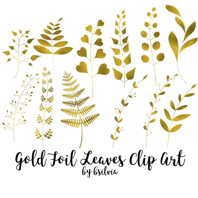 Gold Floral Clip Art, Gold Foil Leaves Clip Art, Digital Gold Floral ...