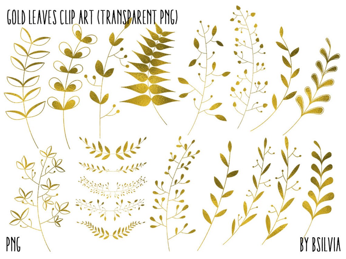 Gold Floral Clip Art, Gold Foil Leaves Clip Art, Digital Gold Floral ...