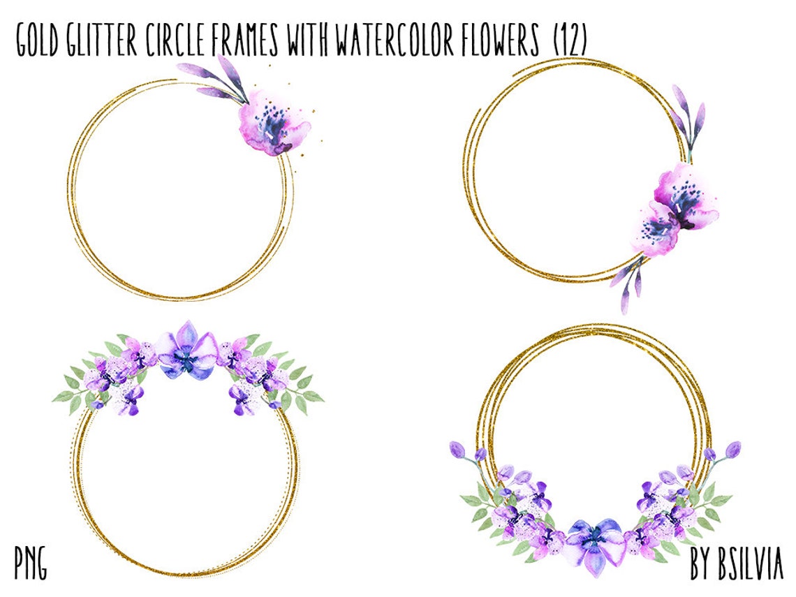 Gold Glitter Circle Frames With Watercolor Floral Clipart, Gold Glitter ...