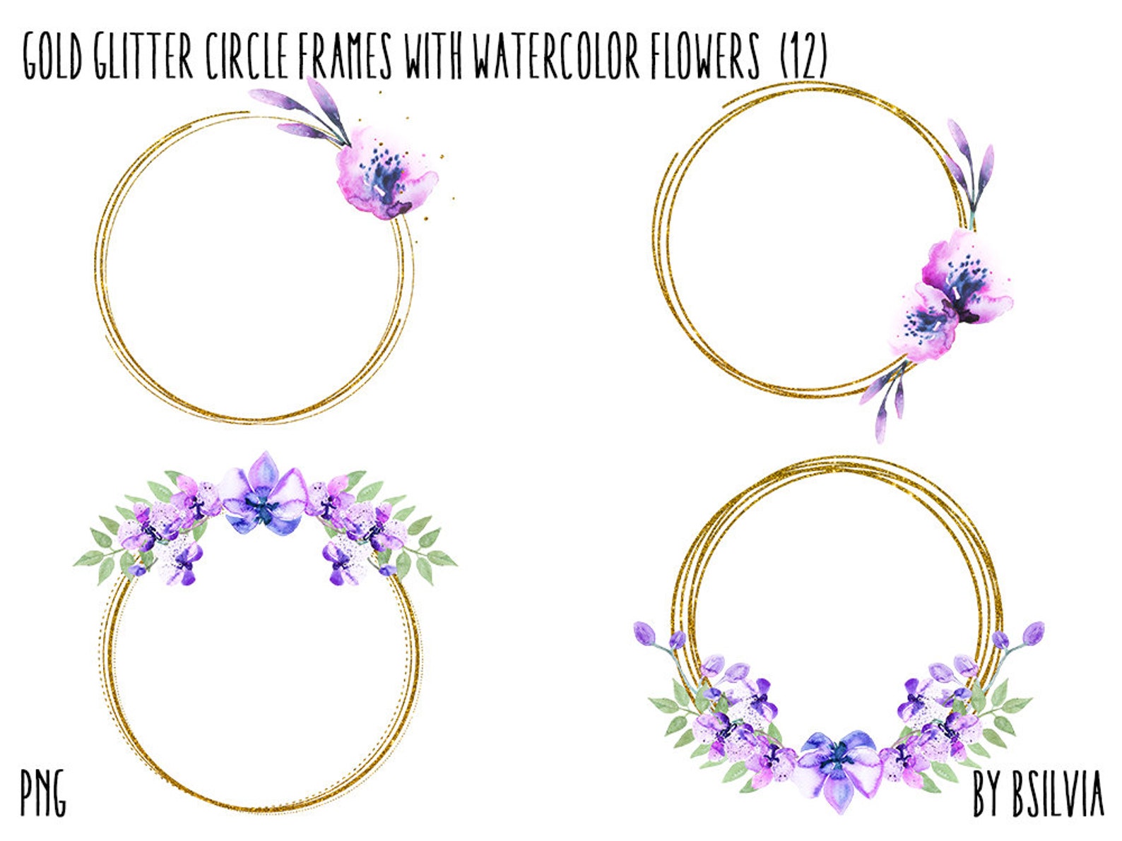Gold Glitter Circle Frames With Watercolor Floral Clipart, Gold Glitter ...