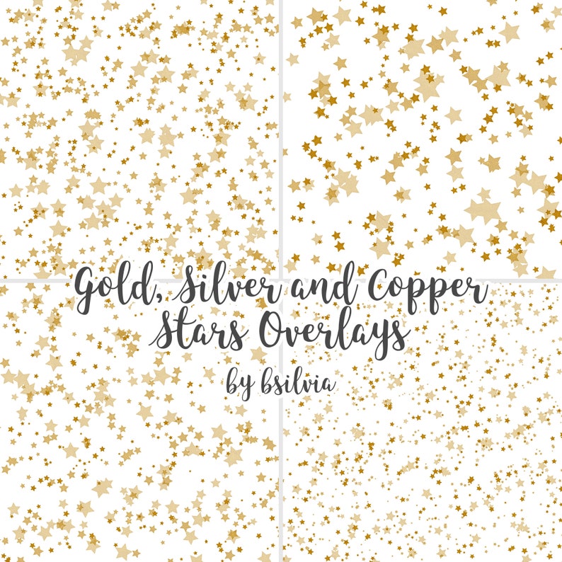 Gold, Silver and Copper Stars Overlays, Digital Overlays Pack 12, Gold ...