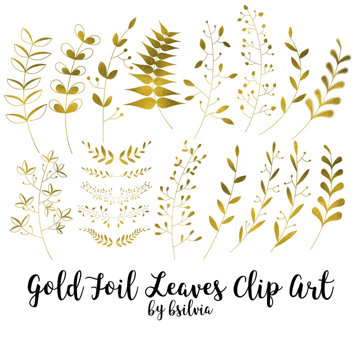 Gold Floral Clip Art, Gold Foil Leaves Clip Art, Digital Gold Floral ...