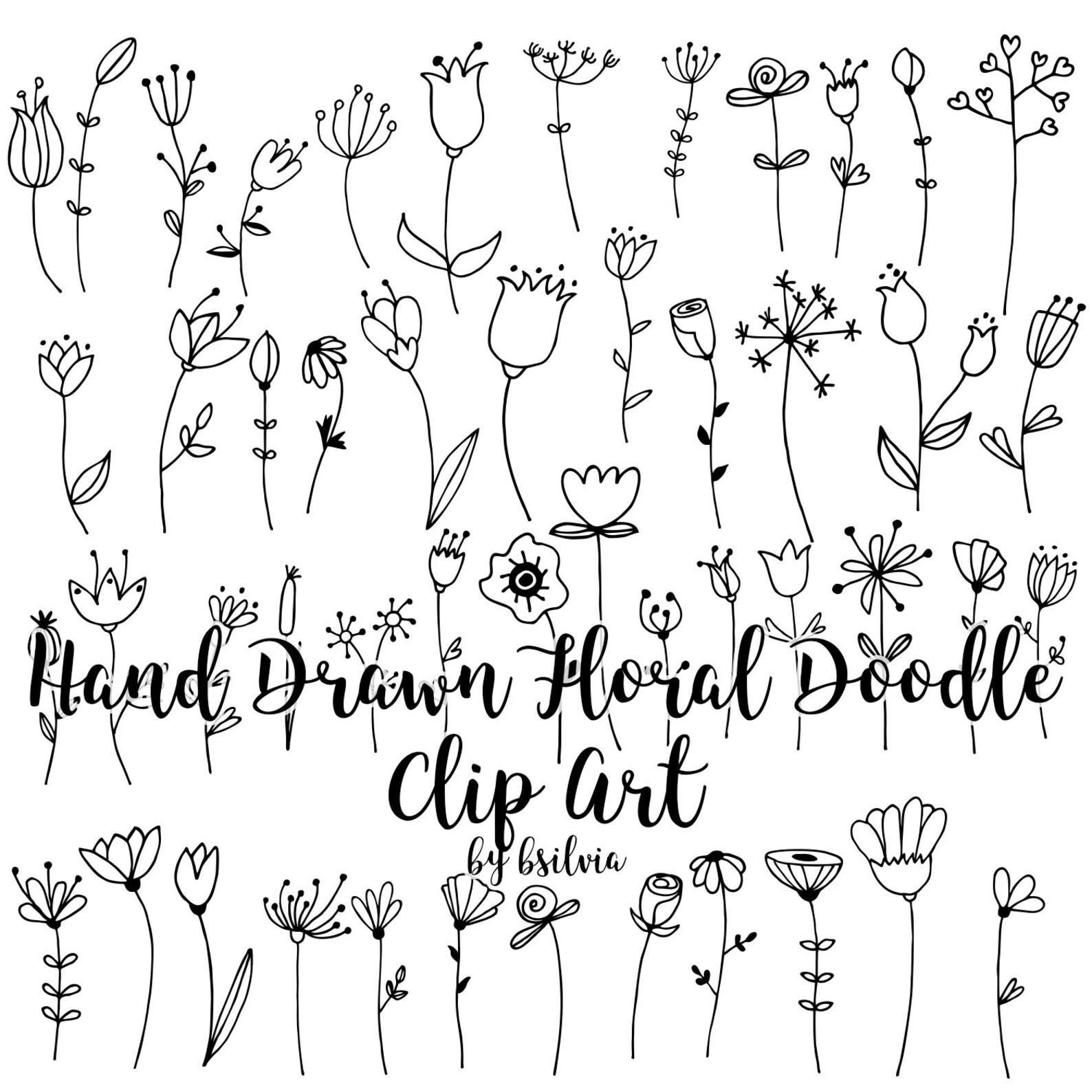 Hand Drawn Floral Doodle Clip Art, Flowers Clip Art, Wedding Clip Art ...