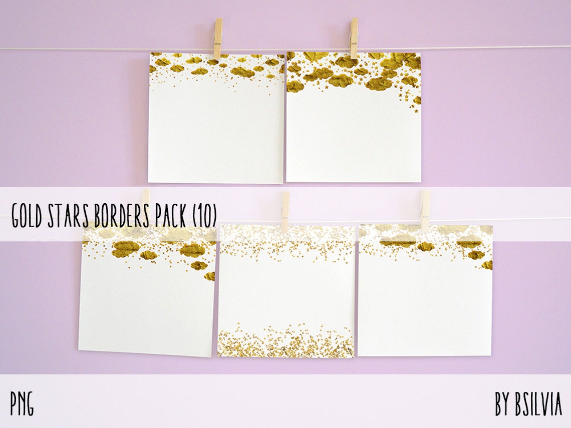 Gold Stars Confetti Borders Pack, Digital Gold Stars Confetti, Gold ...