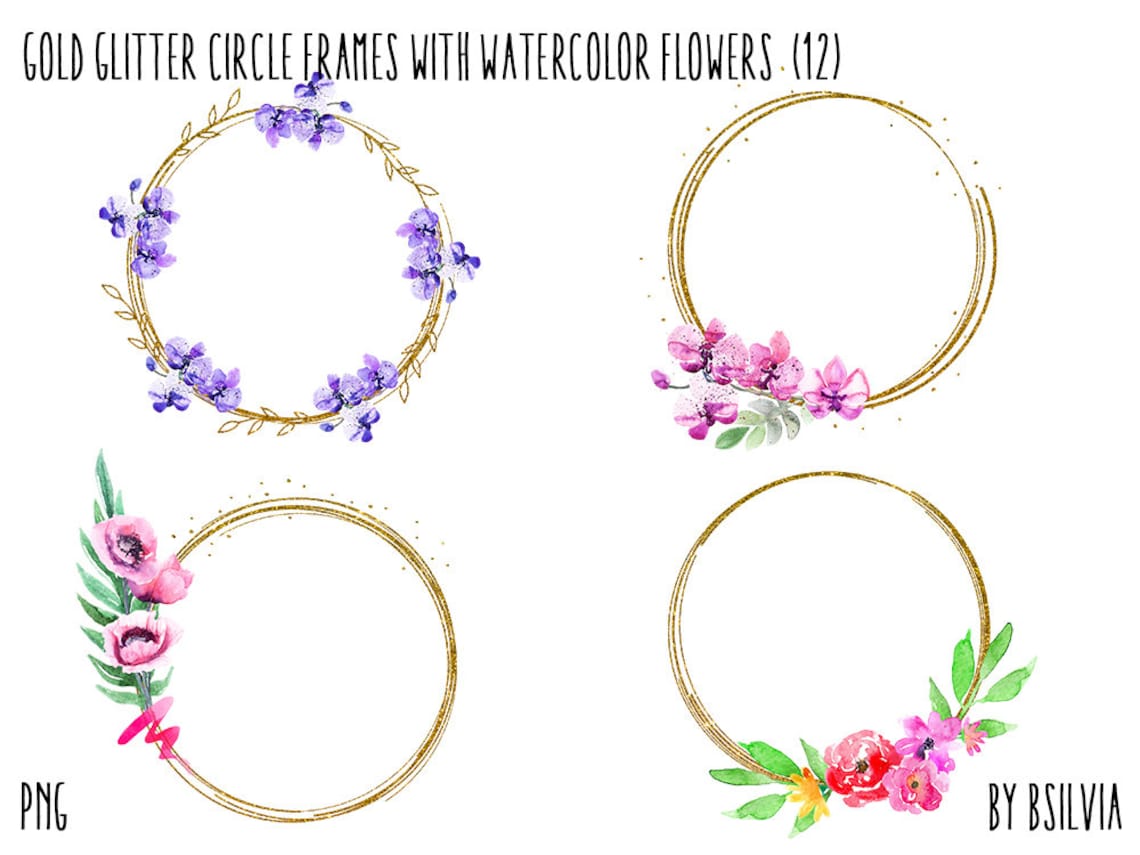 Gold Glitter Circle Frames With Watercolor Floral Clipart, Gold Glitter ...