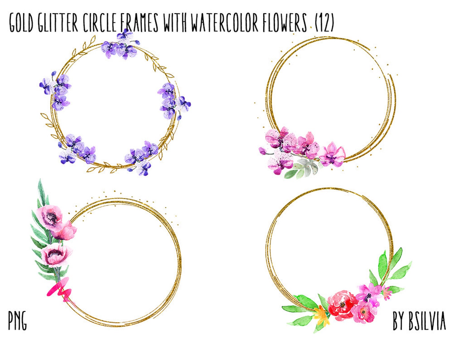 Gold Glitter Circle Frames With Watercolor Floral Clipart, Gold Glitter ...