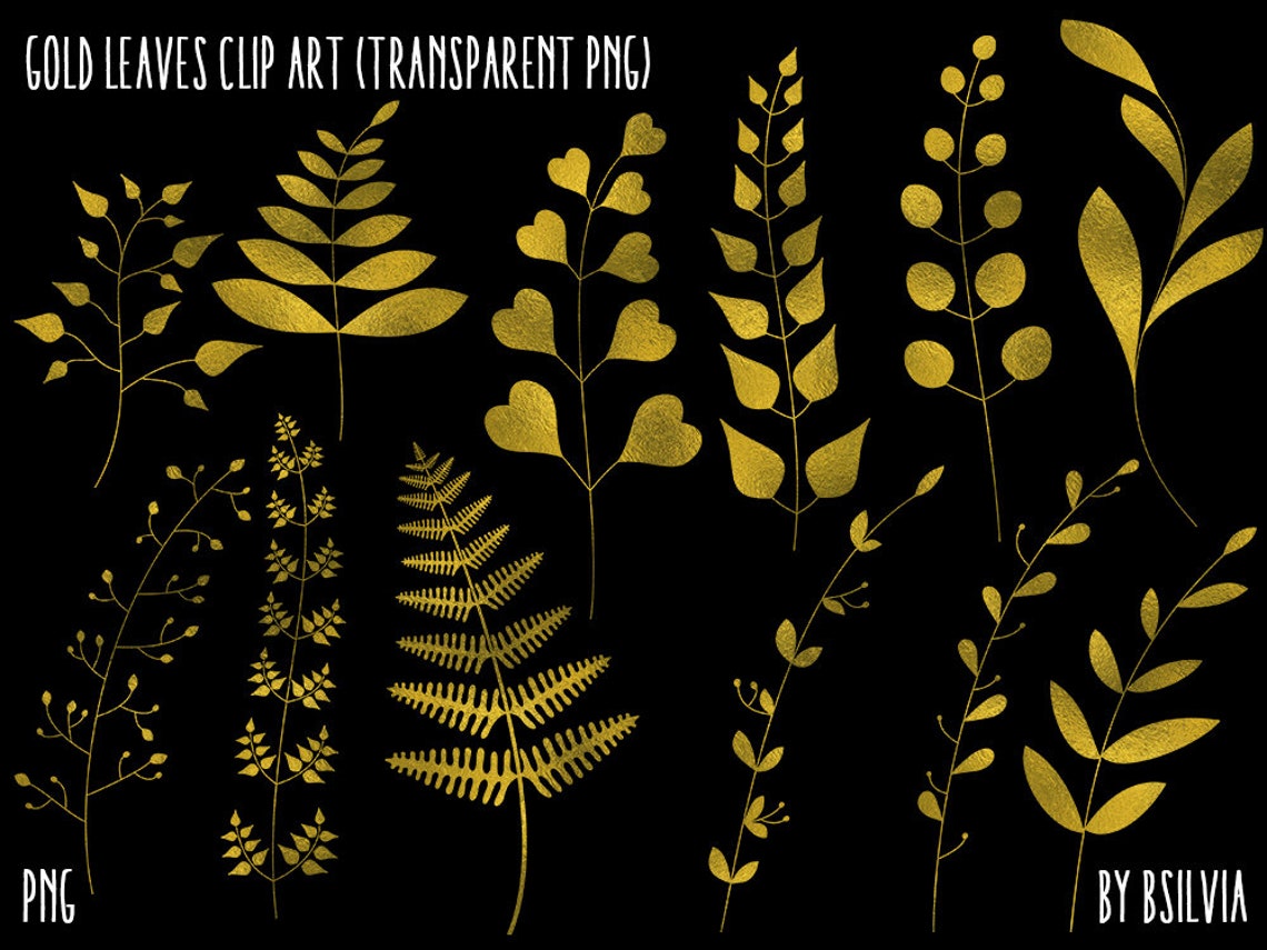 Gold Floral Clip Art, Gold Foil Leaves Clip Art, Digital Gold Floral ...