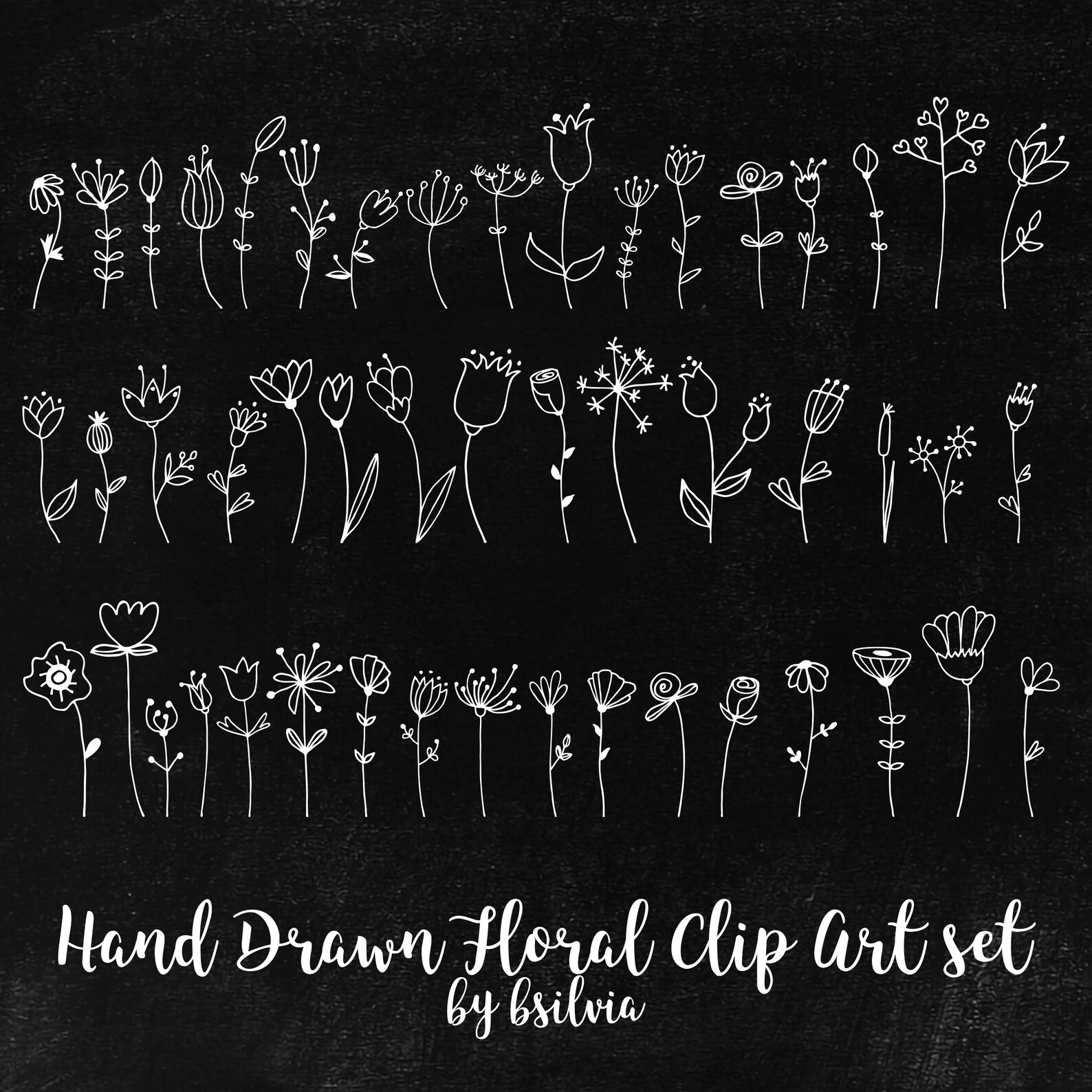 Hand Drawn Floral Doodle Clip Art, Flowers Clip Art, Wedding Clip Art ...