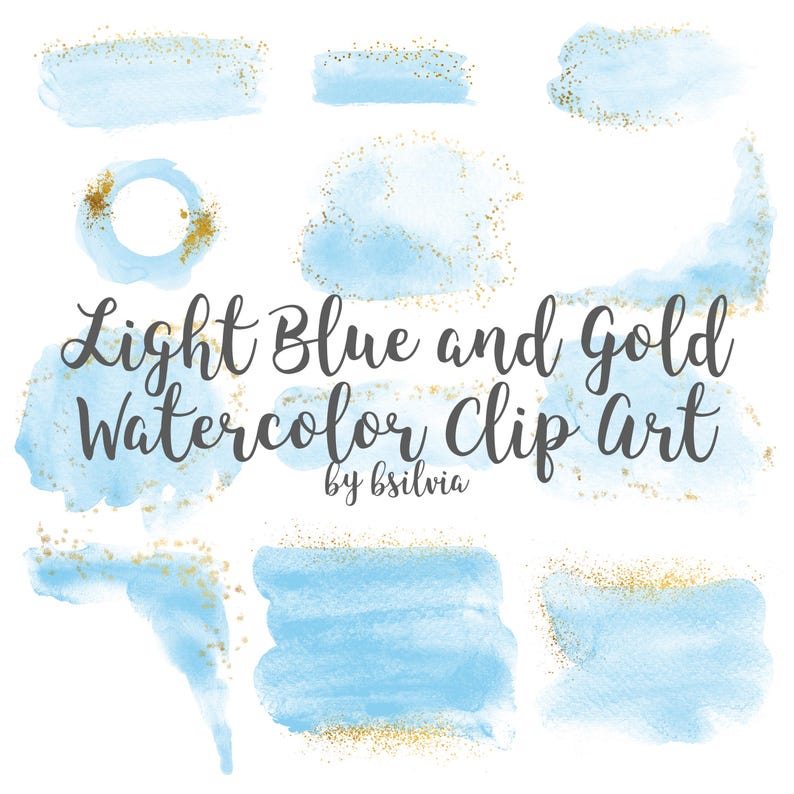 Light Blue & Gold Watercolor Clipart: Transparent PNG Splashes (digital ...