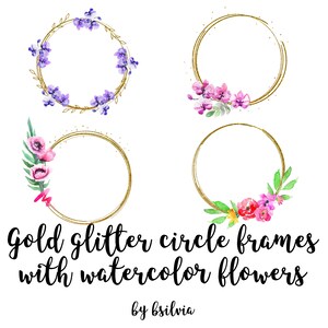 Gold Glitter Circle Frames With Watercolor Floral Clipart, Gold Glitter ...