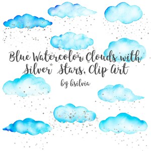 Watercolor Blue Clouds With Silver Stars Clip Art Watercolor | Etsy