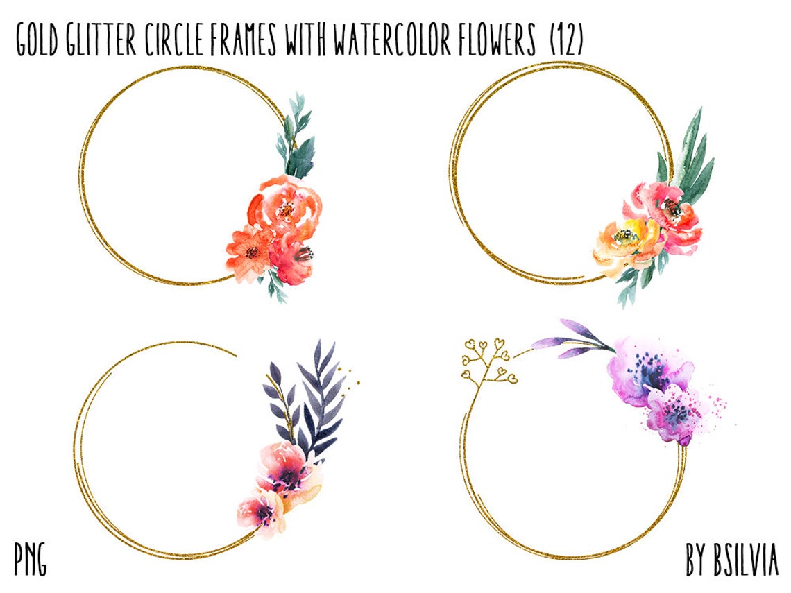 Gold Glitter Circle Frames With Watercolor Floral Clipart, Gold Glitter ...