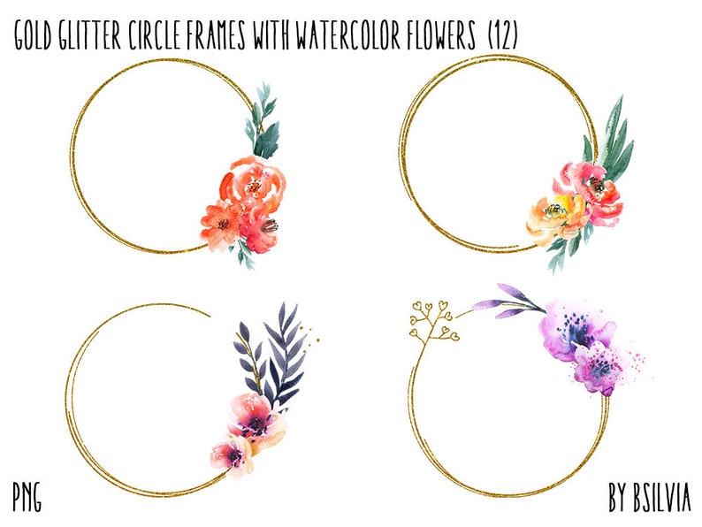Gold Glitter Circle Frames With Watercolor Floral Clipart, Gold Glitter ...