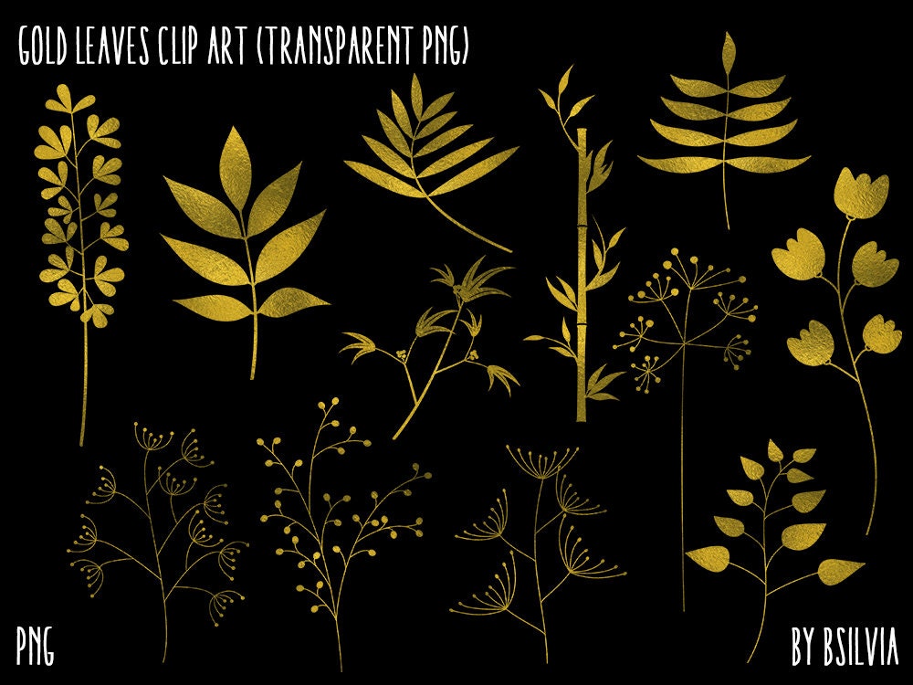 Gold Floral Clip Art, Gold Foil Leaves Clip Art, Digital Gold Floral ...