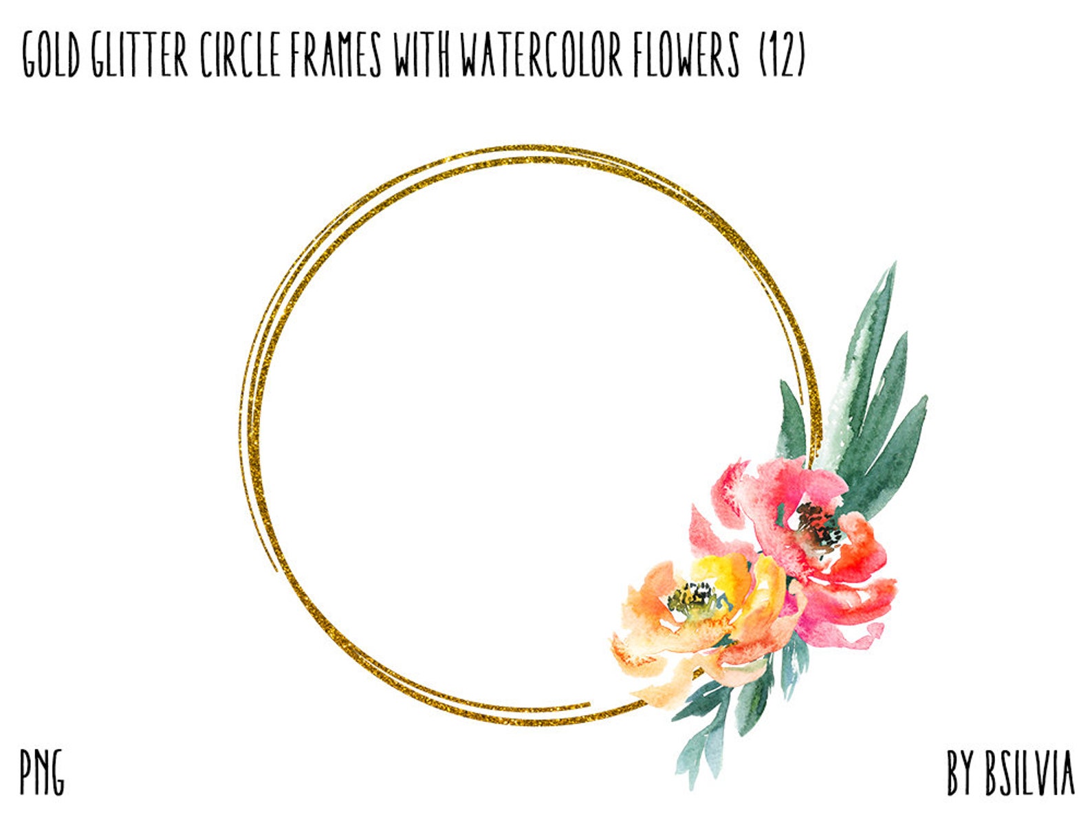 Gold Glitter Circle Frames With Watercolor Floral Clipart, Gold Glitter ...