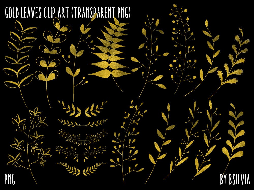 Gold Floral Clip Art, Gold Foil Leaves Clip Art, Digital Gold Floral ...