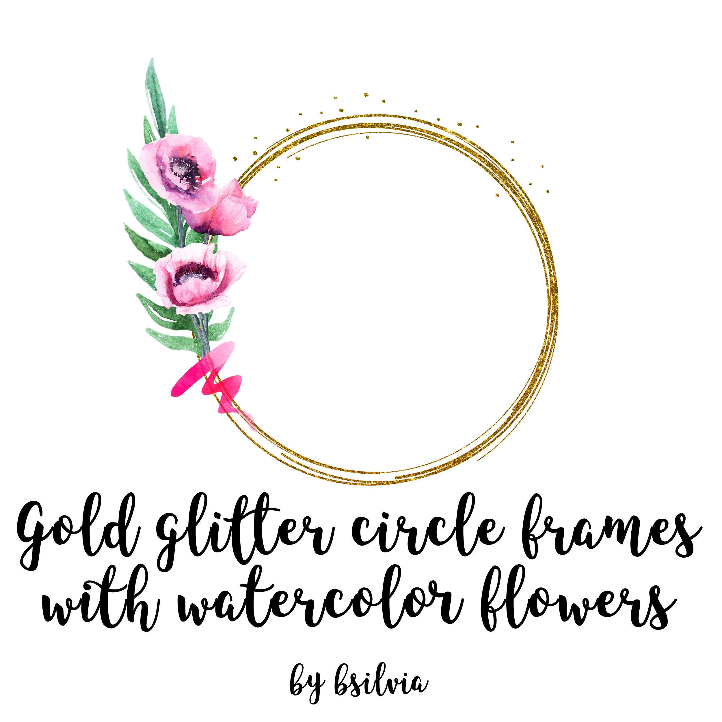Gold Glitter Circle Frames With Watercolor Floral Clipart, Gold Glitter ...