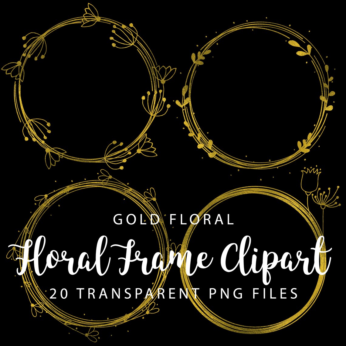 Gold Foil Floral Frame Clipart, Gold Border Clipart, Digital Gold ...