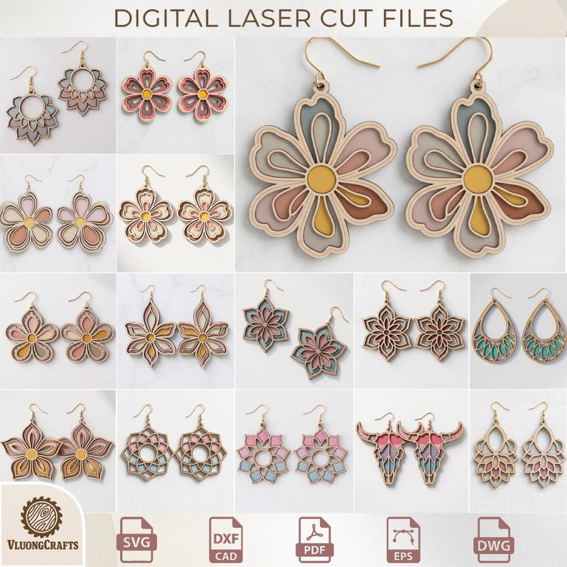 Boho Earring SVG Bundle, Layered Wooden Floral Laser Cut Files for ...