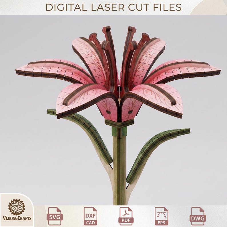 3D Wooden Lily Flower Laser Cut File, SVG Template for Wood Floral ...