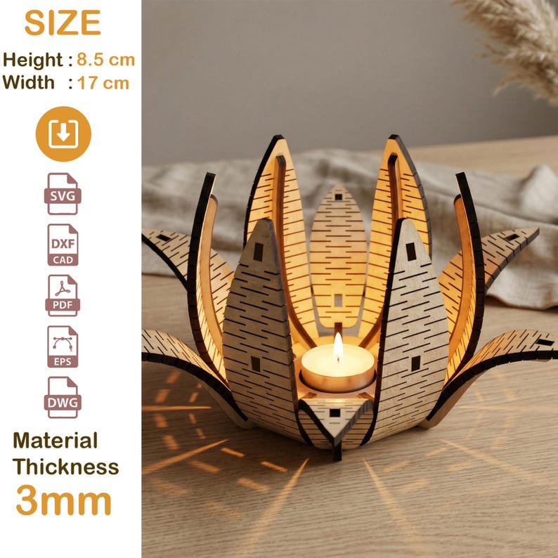 Bougeoir fleur 3D découpé au laser fichier, bougie chauffe-plat lotus ...