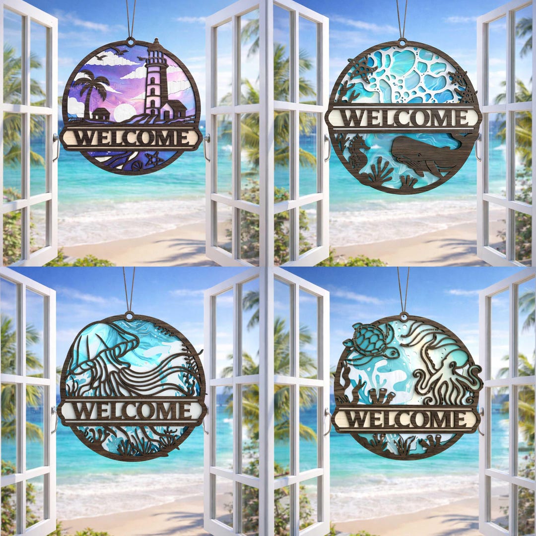 Ocean Welcome Sign SVG Bundle – Laser Cut Coastal & Sea Life Door Sign ...
