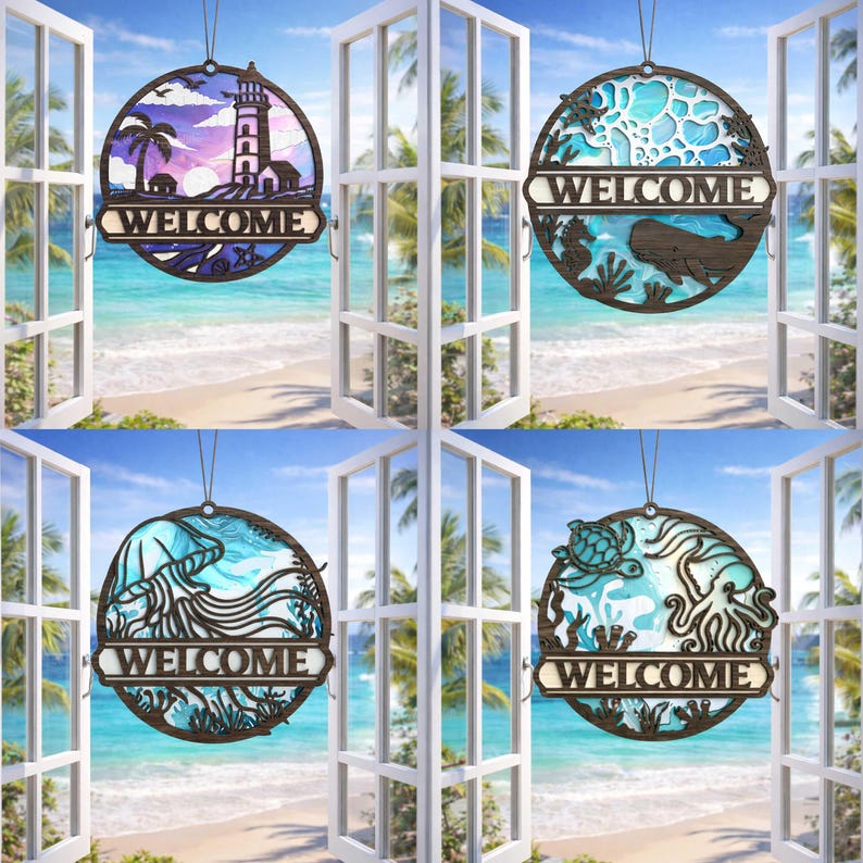 Ocean Welcome Sign SVG Bundle – Laser Cut Coastal & Sea Life Door Sign ...